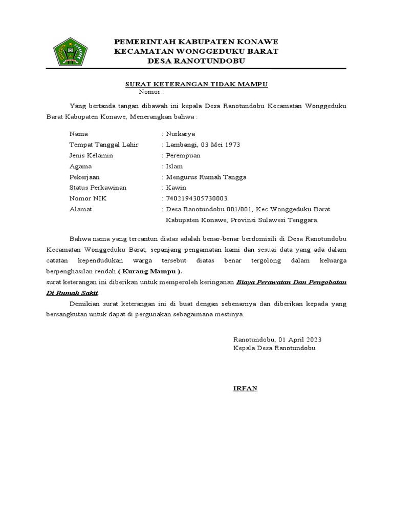 Suket Tidak Mampu | PDF