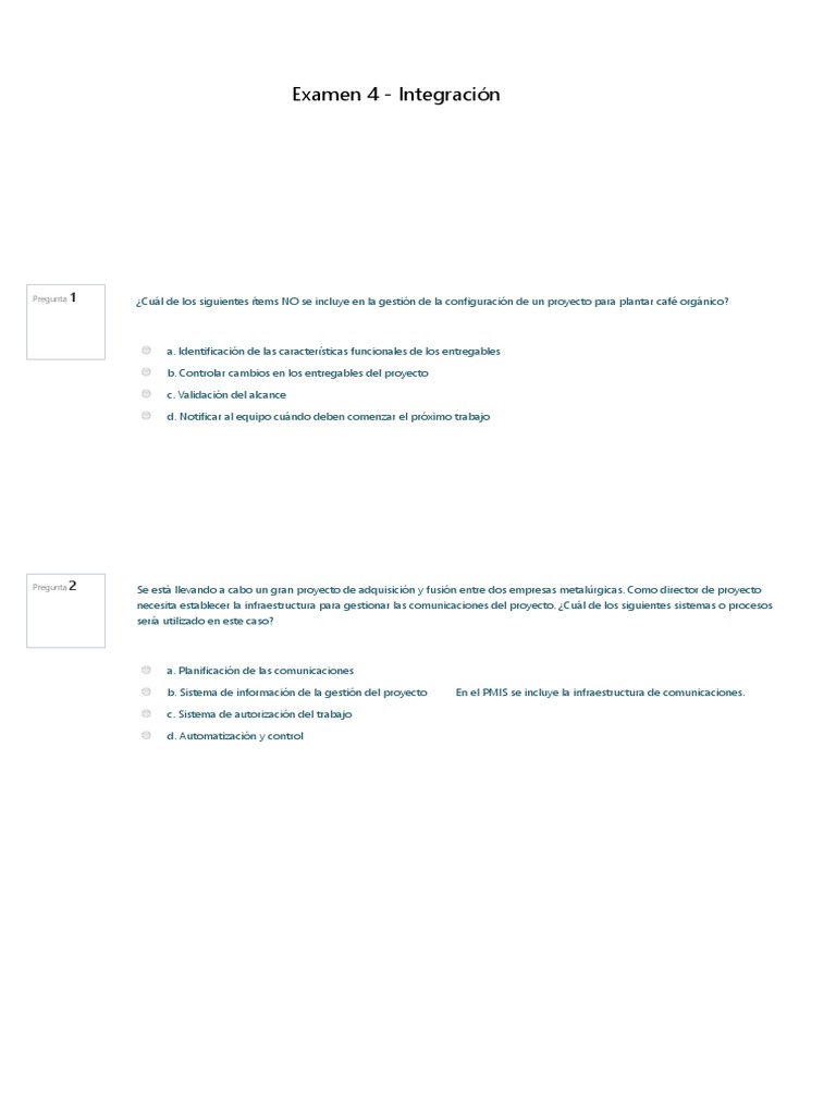 Examen 4 - Integración - Preguntas - 01 | PDF | Software | Planificación