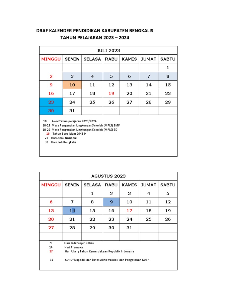 Draf Kalender Pendidikan Bengkalis TP 2023 - 2024 Edit Di Diknas | PDF