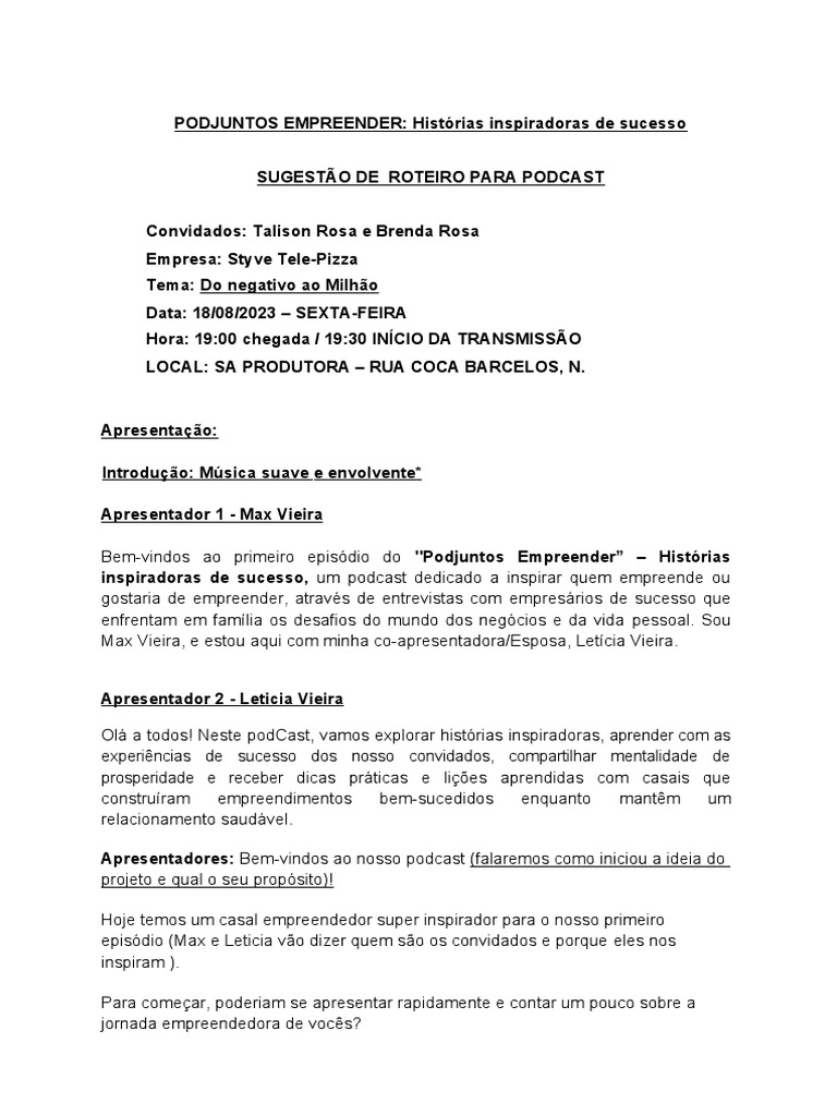 Pod Cast - Roteiro Convidado (1) (1) - 1748 | PDF | Empreendedorismo | Podcast