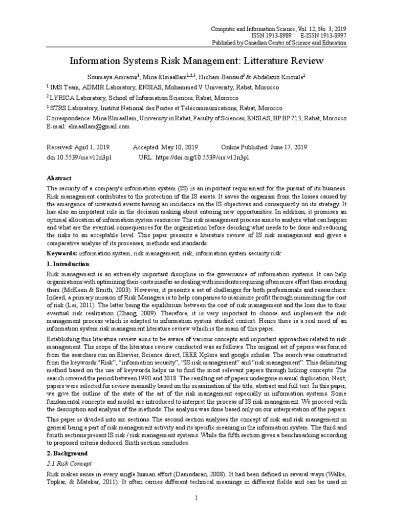 Information Systems Risk Management Litterature Re | PDF | Risk | Risk ...