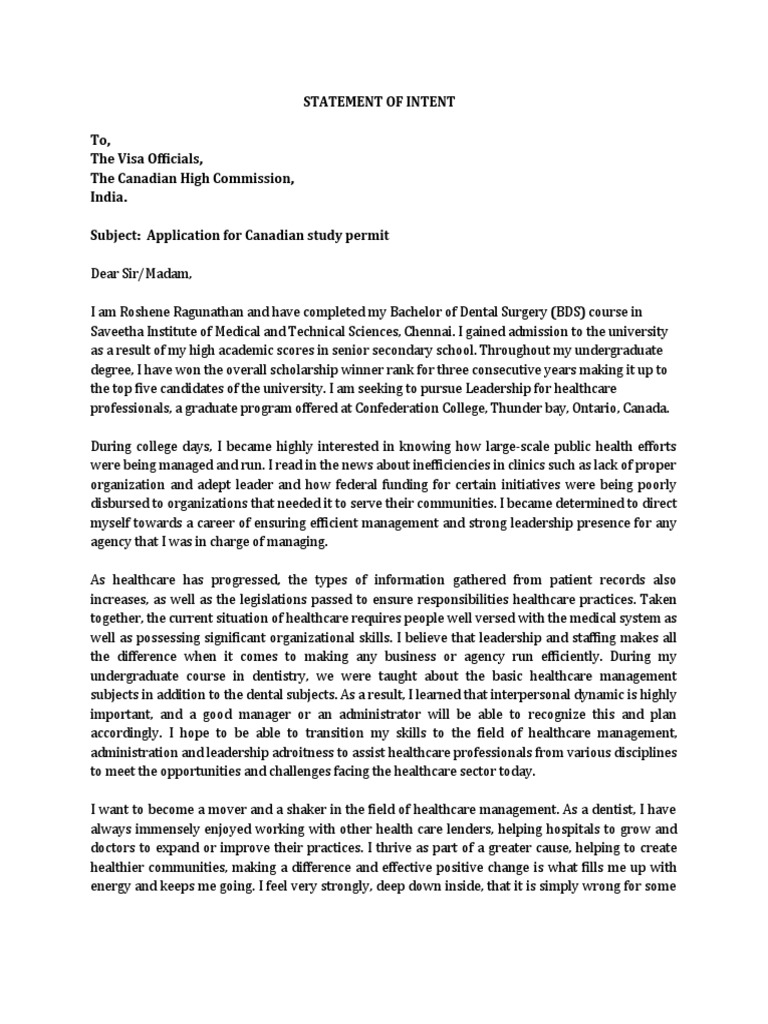 Statement of Intent Roshene | PDF