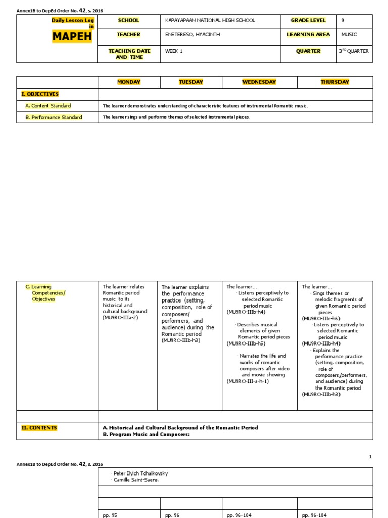 Mapeh Grade 9 DLL - Updated | PDF