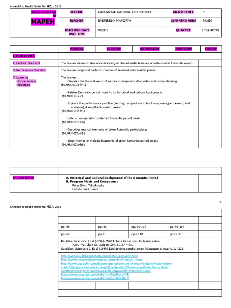 Grade 9 MAPEH Music Lesson Plan | PDF | Art