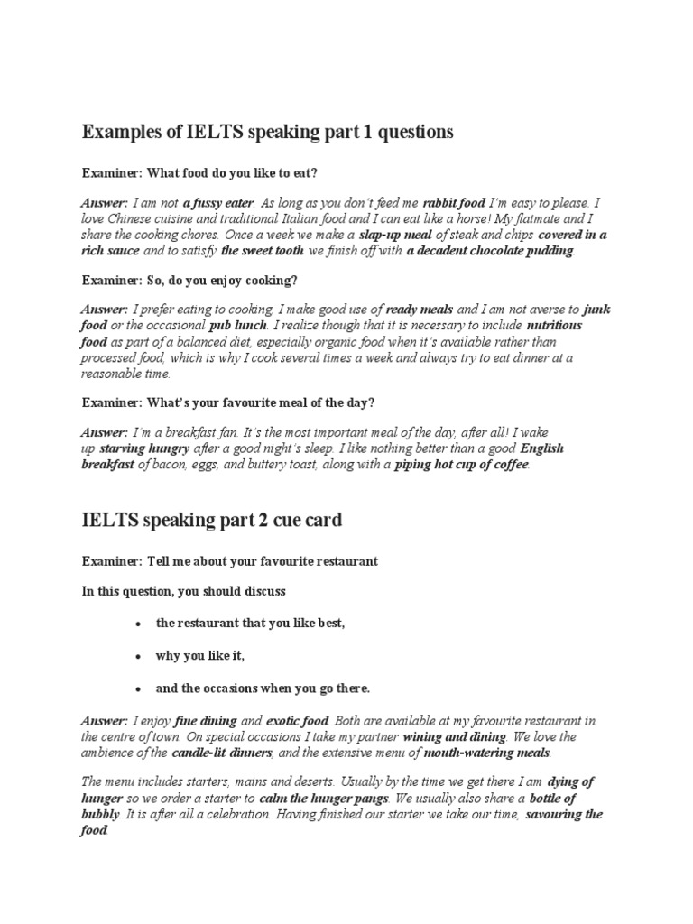 Examples of IELTS Speaking Part 1 Questions | PDF | Meal | Foods