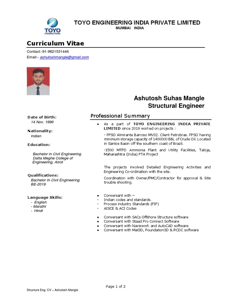 CV Ashutosh Mangle 2021 - TOYO 1 | PDF