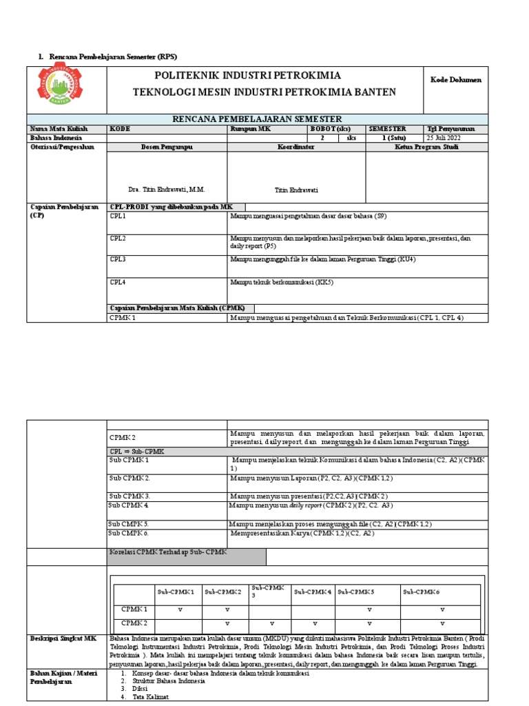 RPS Bahasa Indonesia Dan Teknik Penulisan | PDF