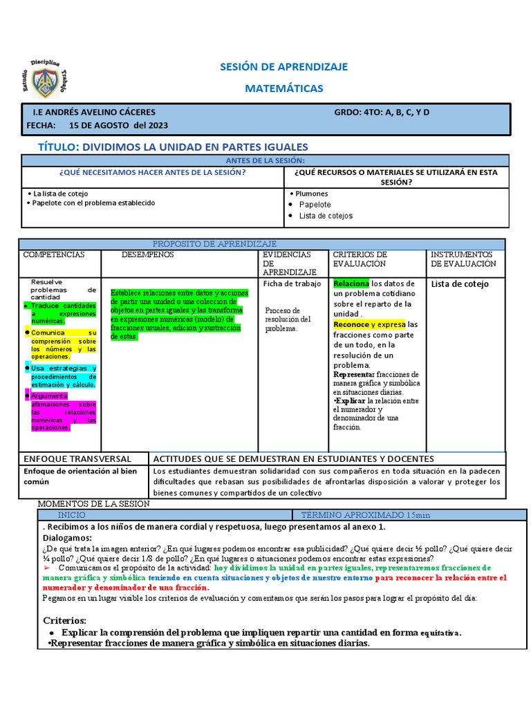 Dividimos la Unidad en Partes Iguales | PDF | Evaluación | Aprendizaje