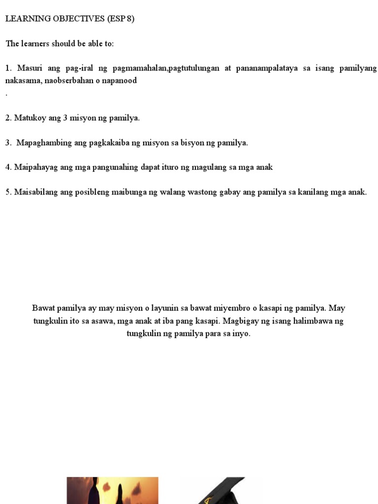 LEARNING OBJECTIVES (ESP 8) the Learners Should Be Able to 1. Masuri ...