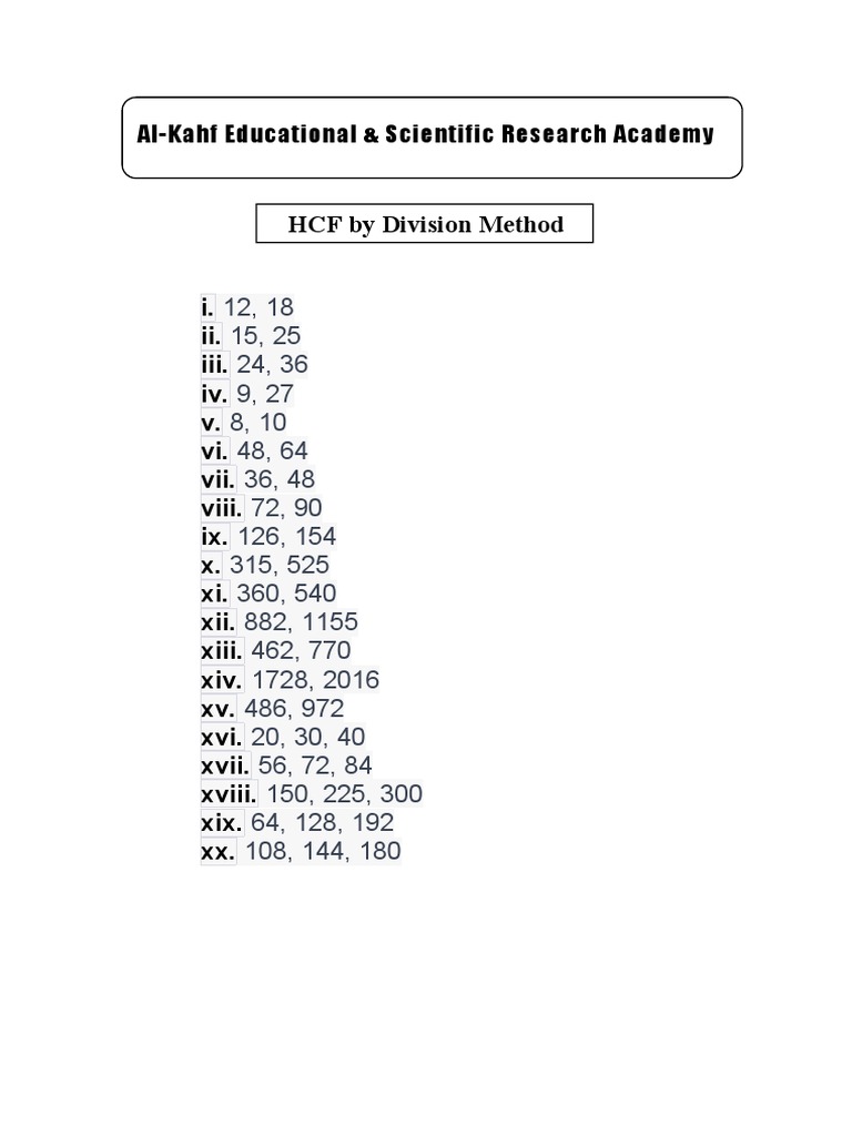 HCF by Division Method | PDF