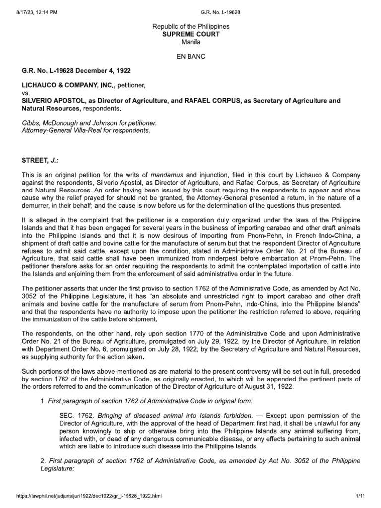 Lichauco v. Apostol - GR No. L-19628 - 4 Dec. 1922 | PDF