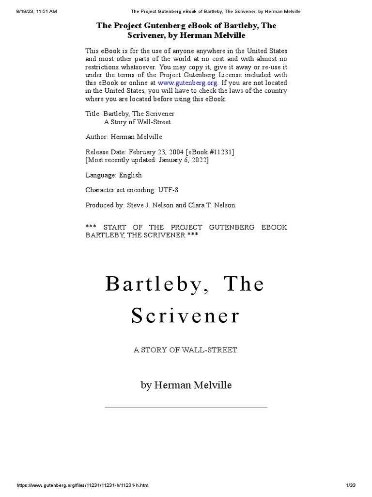 The Project Gutenberg Ebook of Bartleby, The Scrivener, by Herman Melville | PDF | Bartleby, The ...