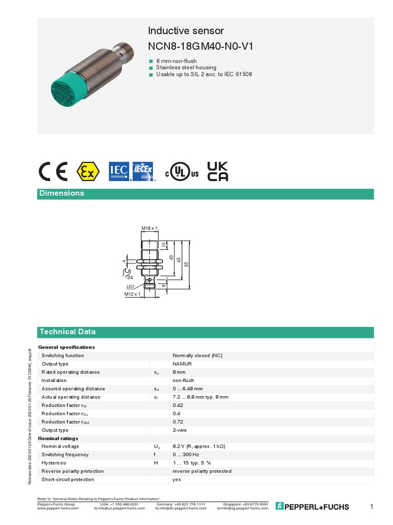 Inductive Sensor NCN8-18GM40-N0-V1: Dimensions | PDF | Measuring Instrument