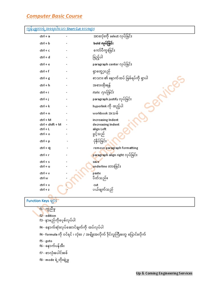 Basic Short Cut Computer Key - in Burmese | PDF
