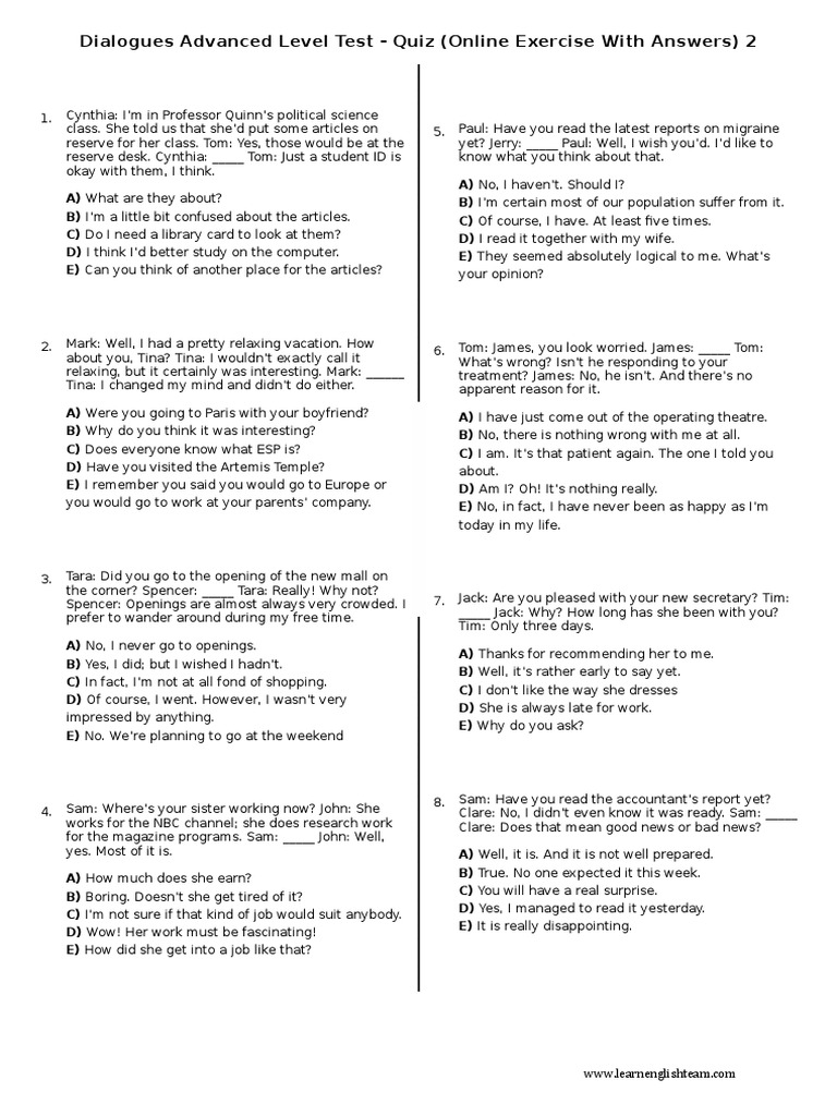 2 Dialogues Advanced Level Test Quiz Online Exercise With Answers 2 | PDF