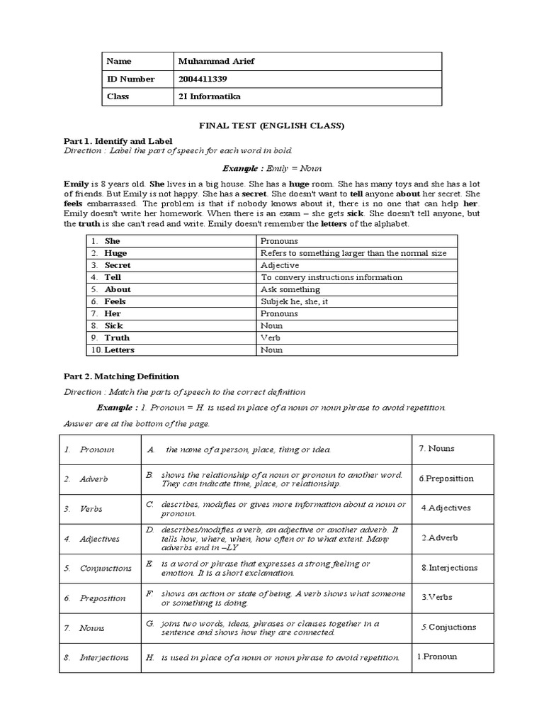 Final Test English Class | PDF | Adverb | Part Of Speech