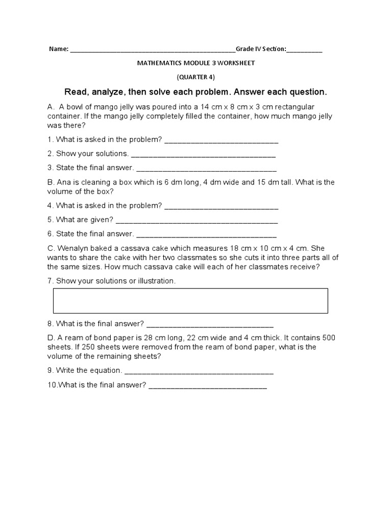 Math Worksheet 3 Module 3 (Quarter 4) | PDF | Home & Garden | Art
