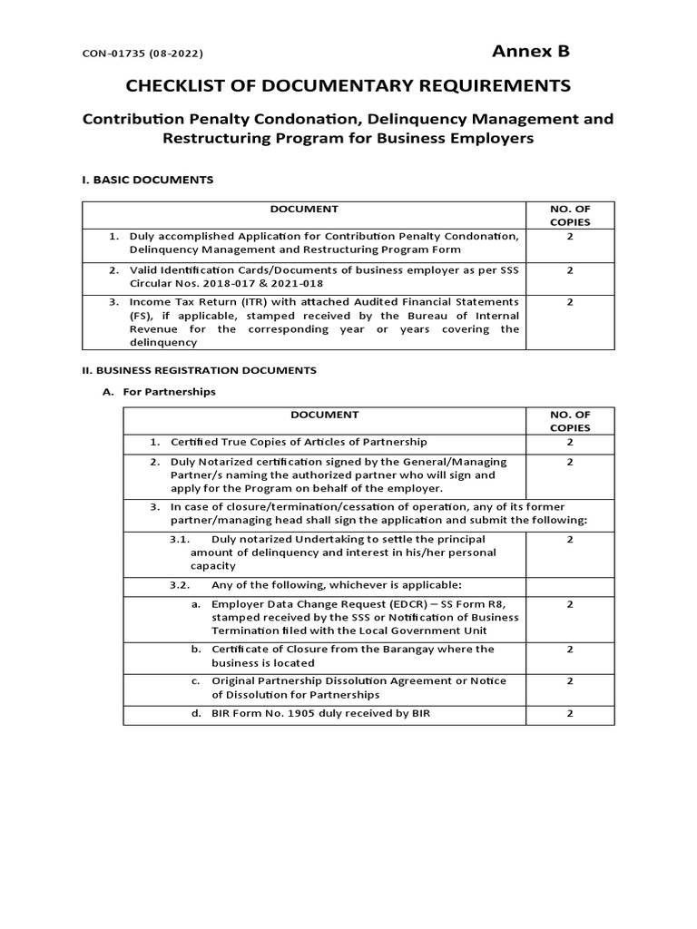 Annex B - Checklist of Documentary Requirements | PDF