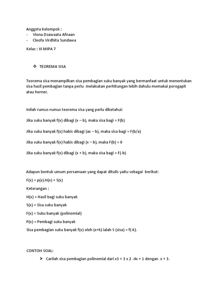 Teorema Sisa dan Faktor: Rumus dan Contoh Soal | PDF