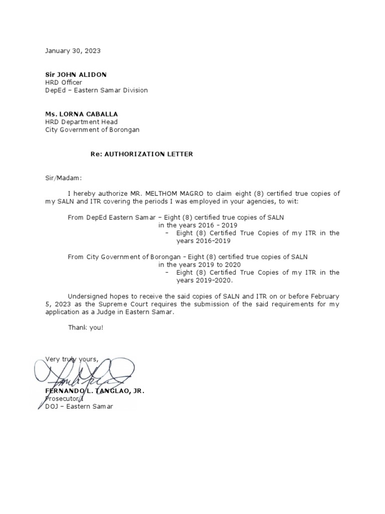 Authorization Letter SALN ITR | PDF