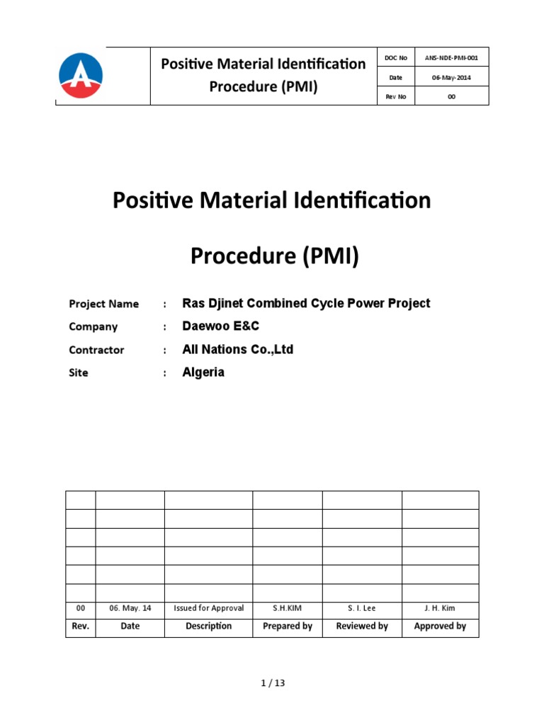 Positive Material Identification Procedure (PMI) | PDF | Pipe (Fluid Conveyance) | Specification ...