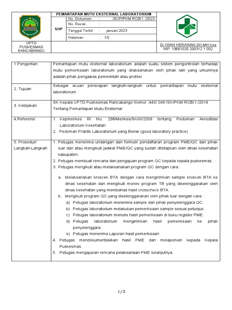 SOP Mutu Eksternal Lab | PDF
