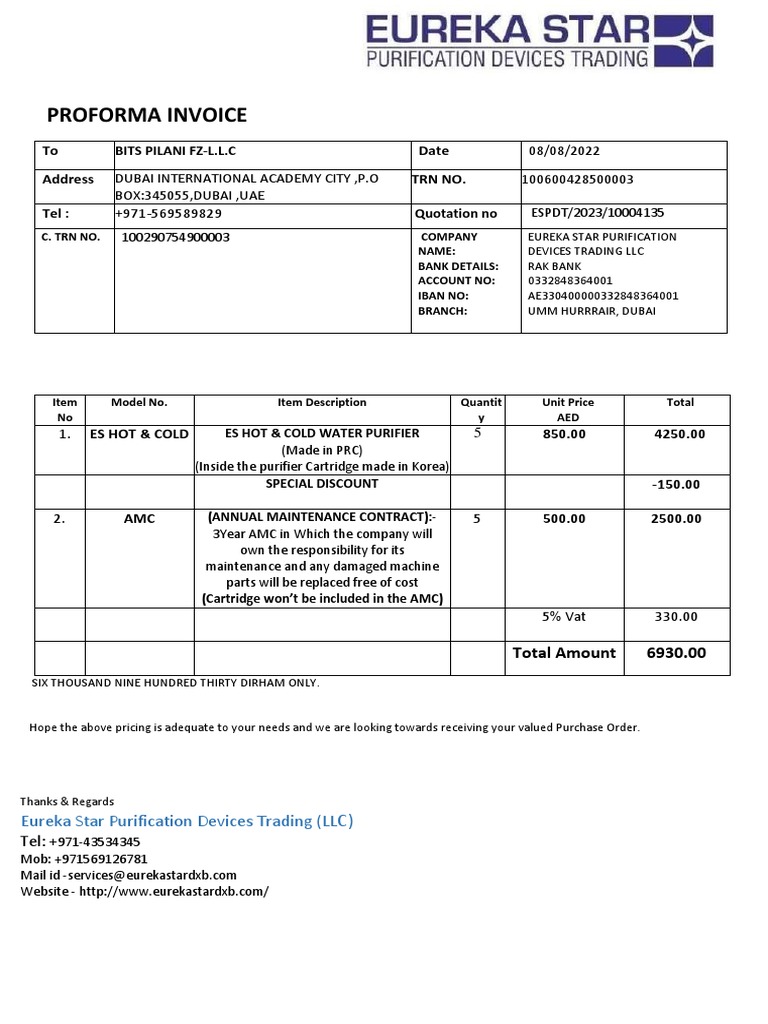 BITS Pilani FZ-L.L.C Proforma Invoice | PDF | Business