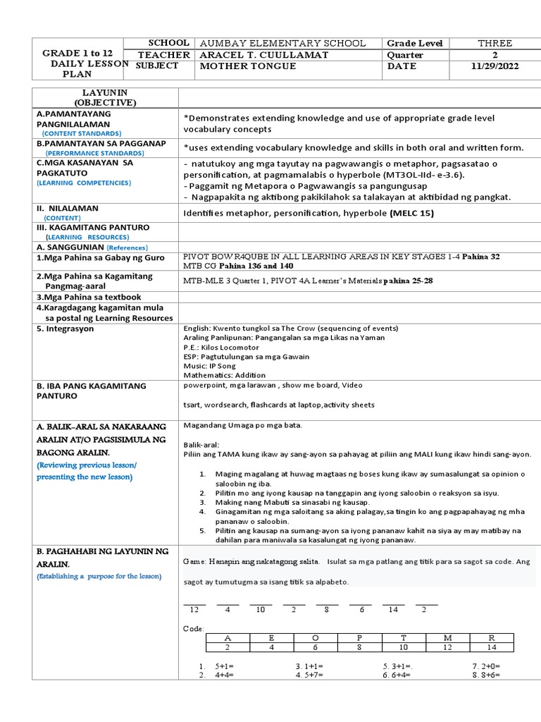 MTB-3-Lesson Plan | PDF