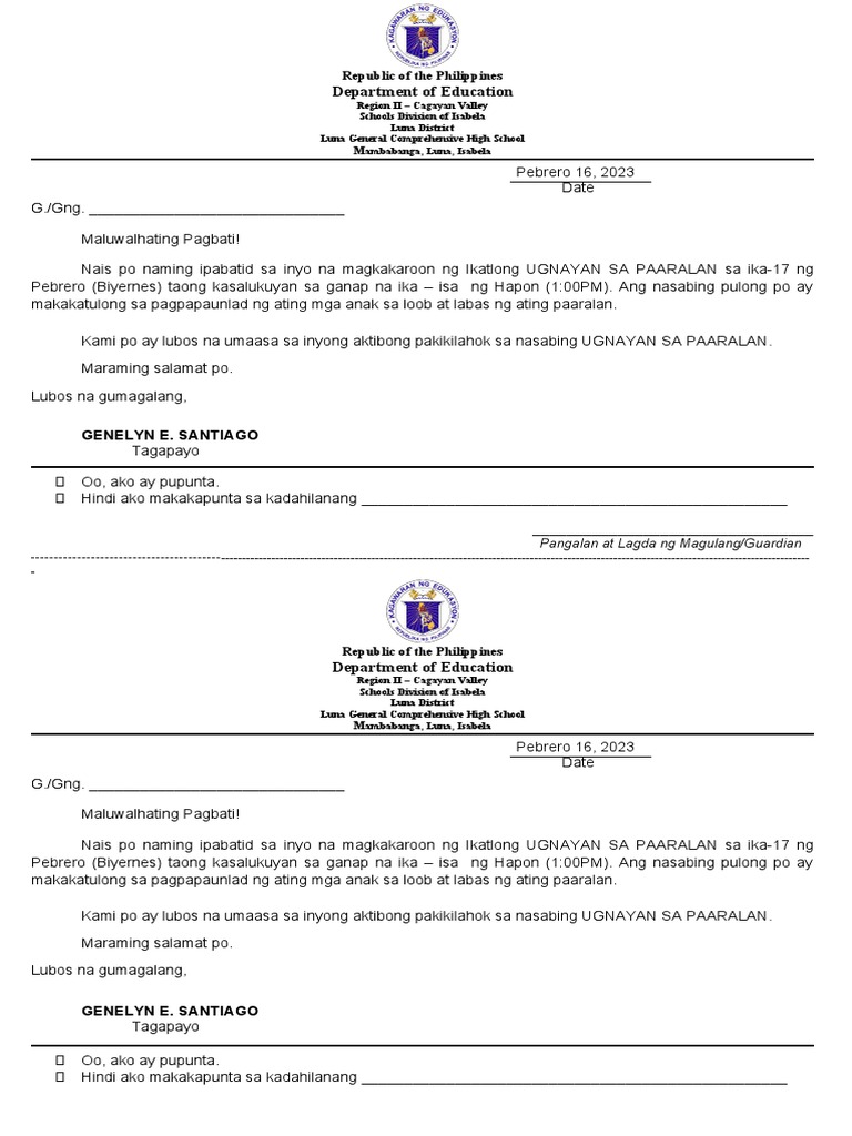 Letter To Parent Tagalog | PDF