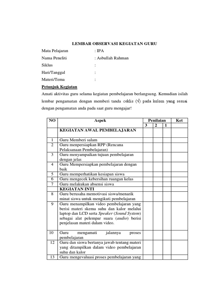 Lembar Observasi Pembelajaran IPA | PDF