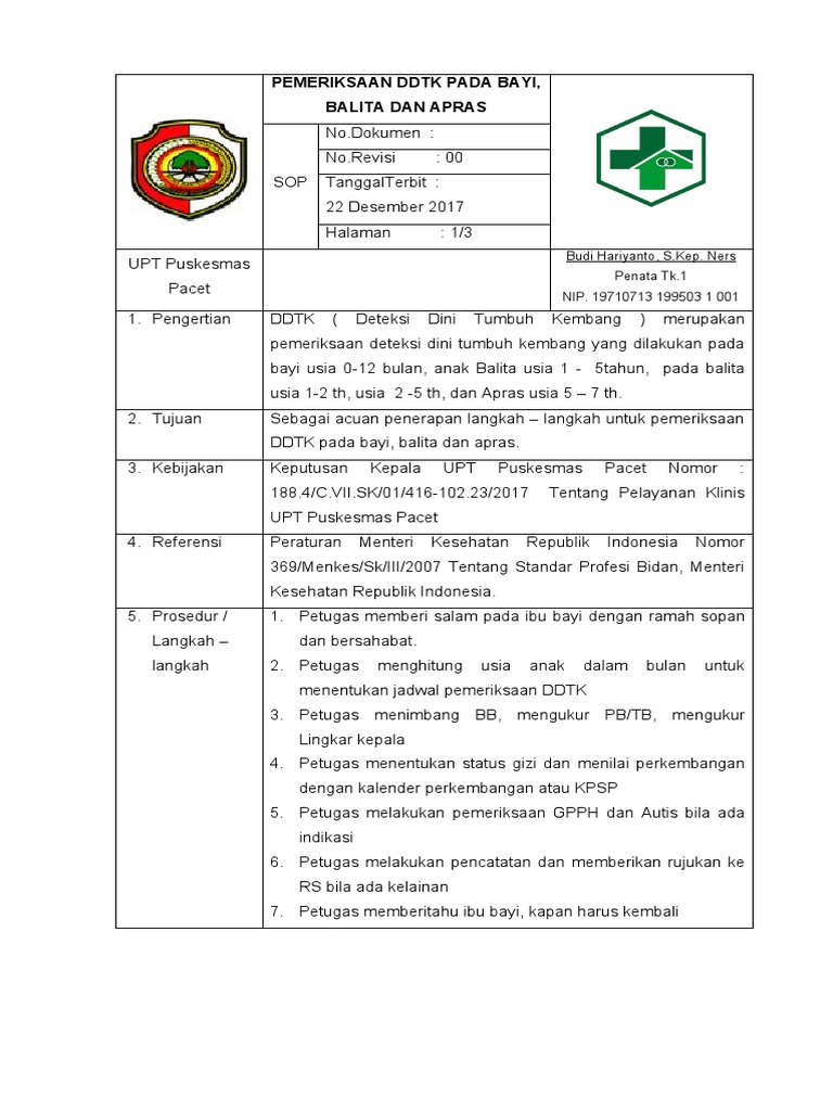 Sop Pemeriksaan DDTK Pada Bayi, Balita Dan Apras | PDF | Kesehatan Holistik