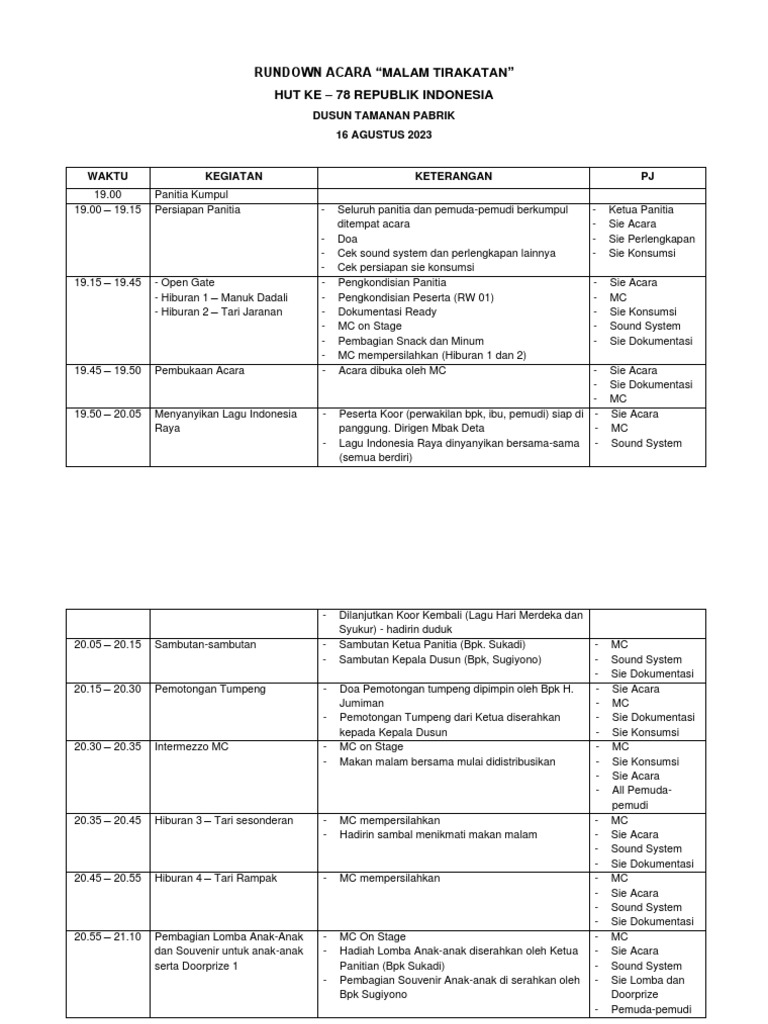 Rundown Malam Tirakatan HUT RI ke-78 | PDF