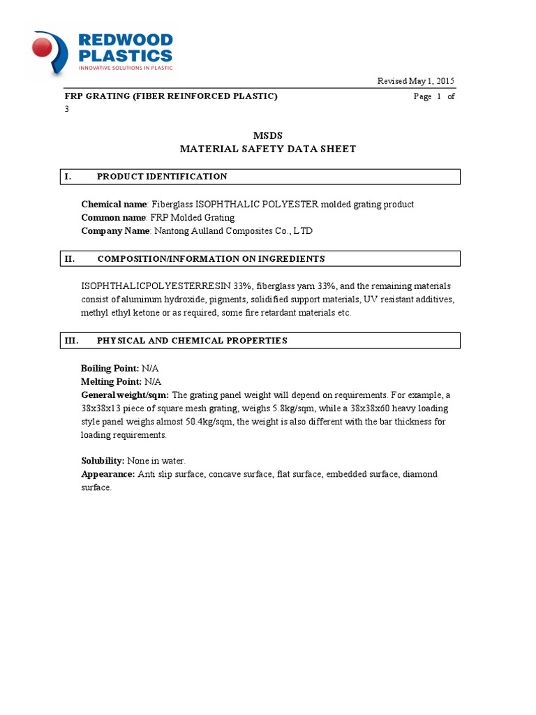 FRP Grating MSDS: Safety and Handling | PDF | Technology & Engineering