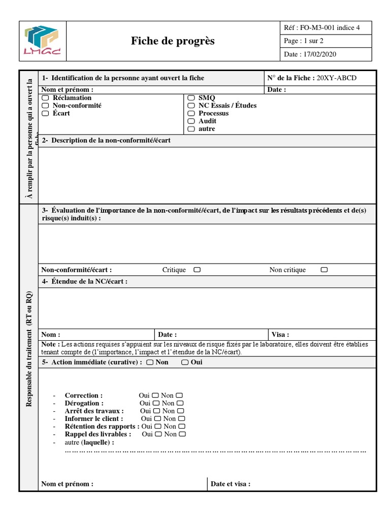 FO-M3-001 Indice 4 Fiche de Progrès 2 | PDF