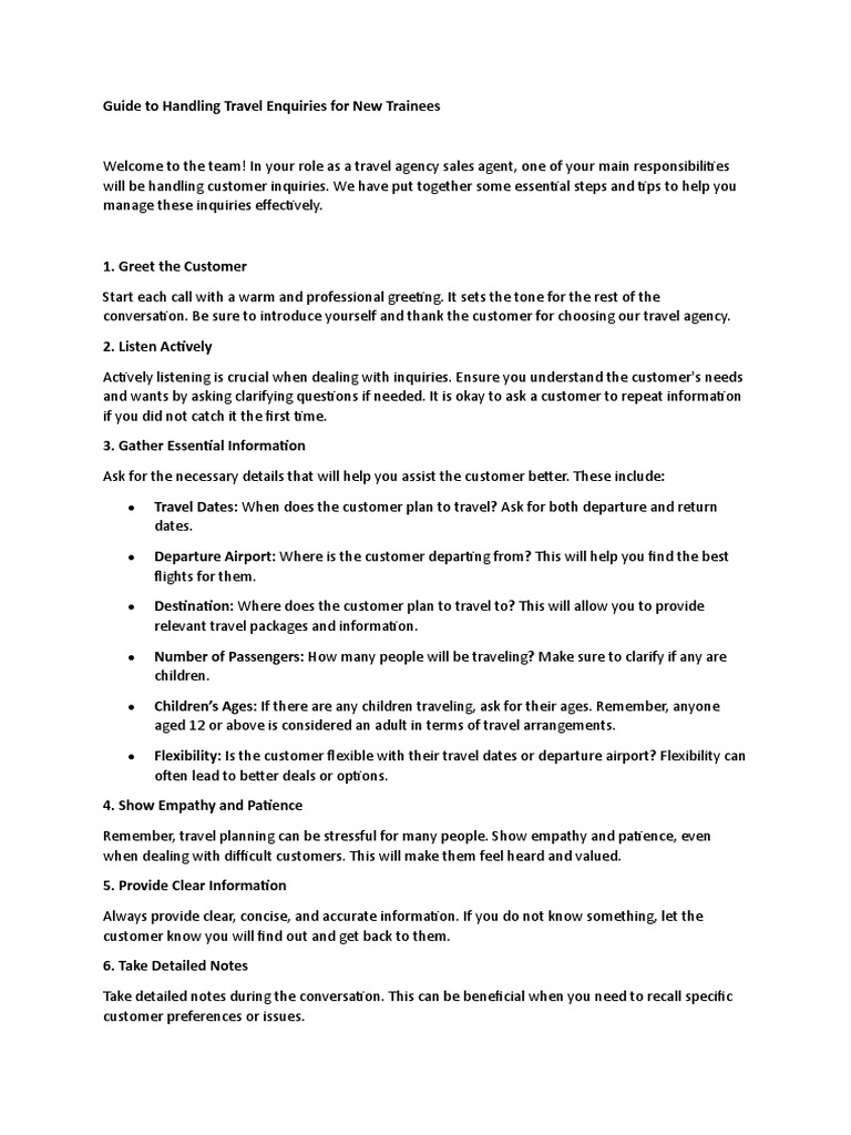 Travel Inquiry Handling for Trainees | PDF