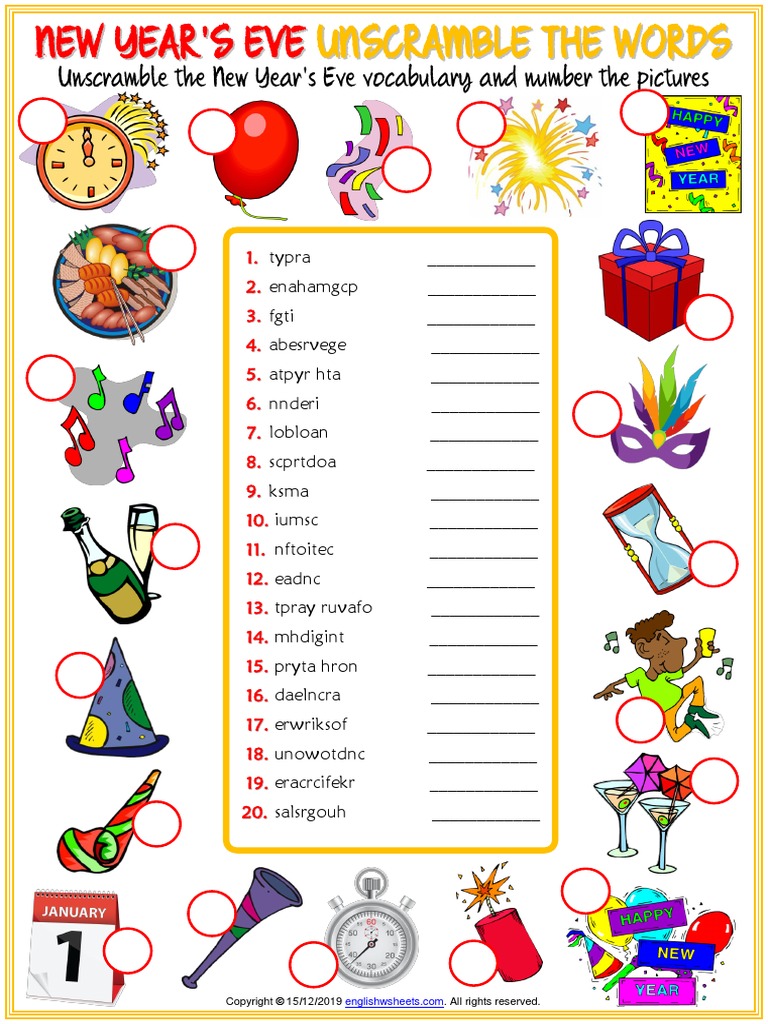 new years eve vocabulary esl unscramble the words worksheet for kids | PDF