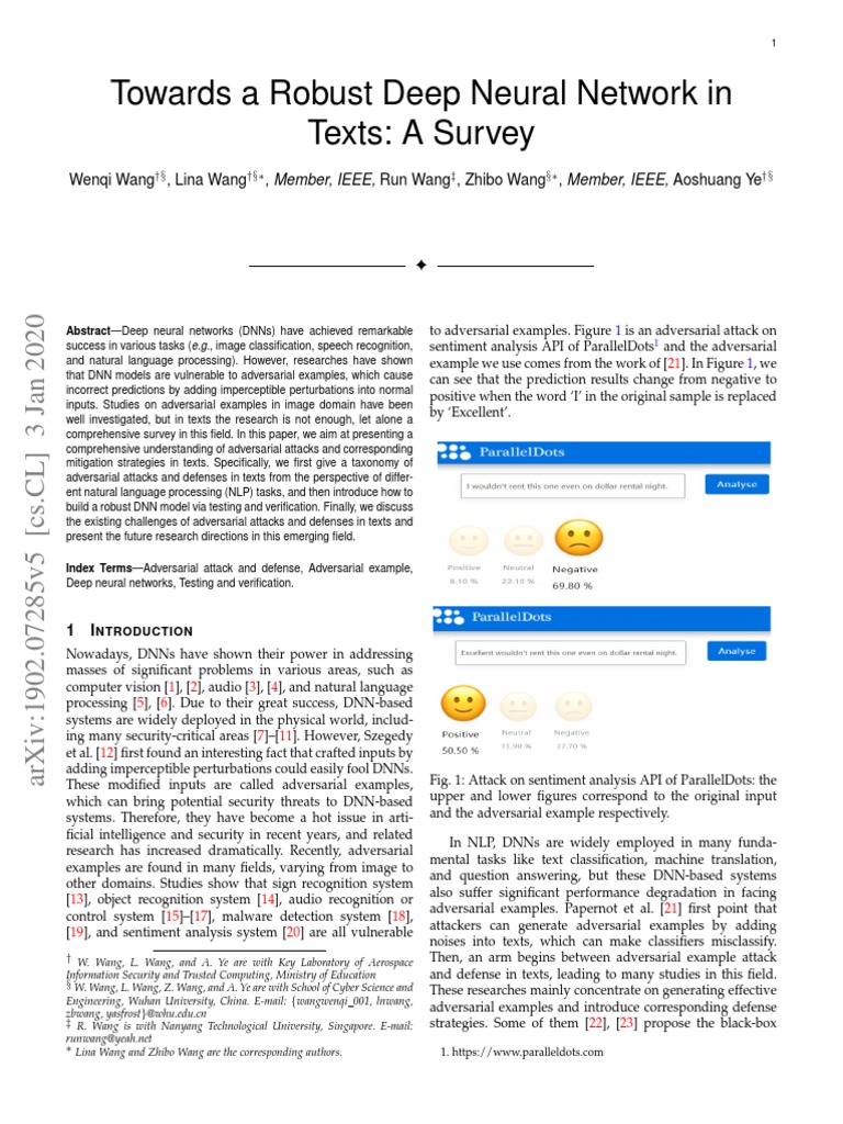 Towards A Robust Deep Neural Network In Texts A Survey Pdf