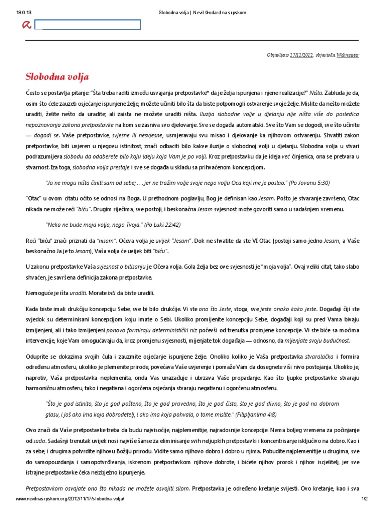 Slobodna volja _ Nevil Godard na srpskom | PDF