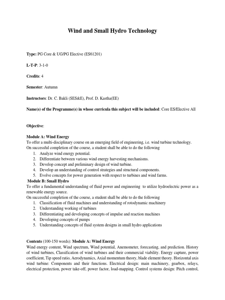 Syllabus and Lecture Distribution | PDF | Wind Turbine | Pump