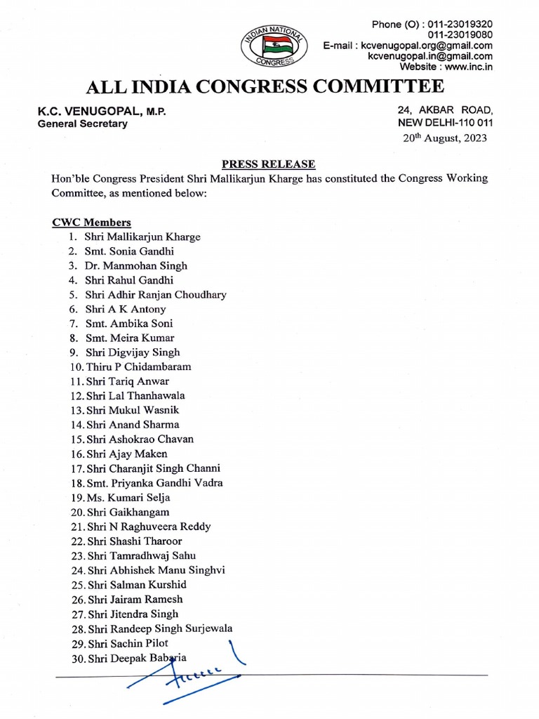 CWC List | Download Free PDF | Government Of India | Politics Of India