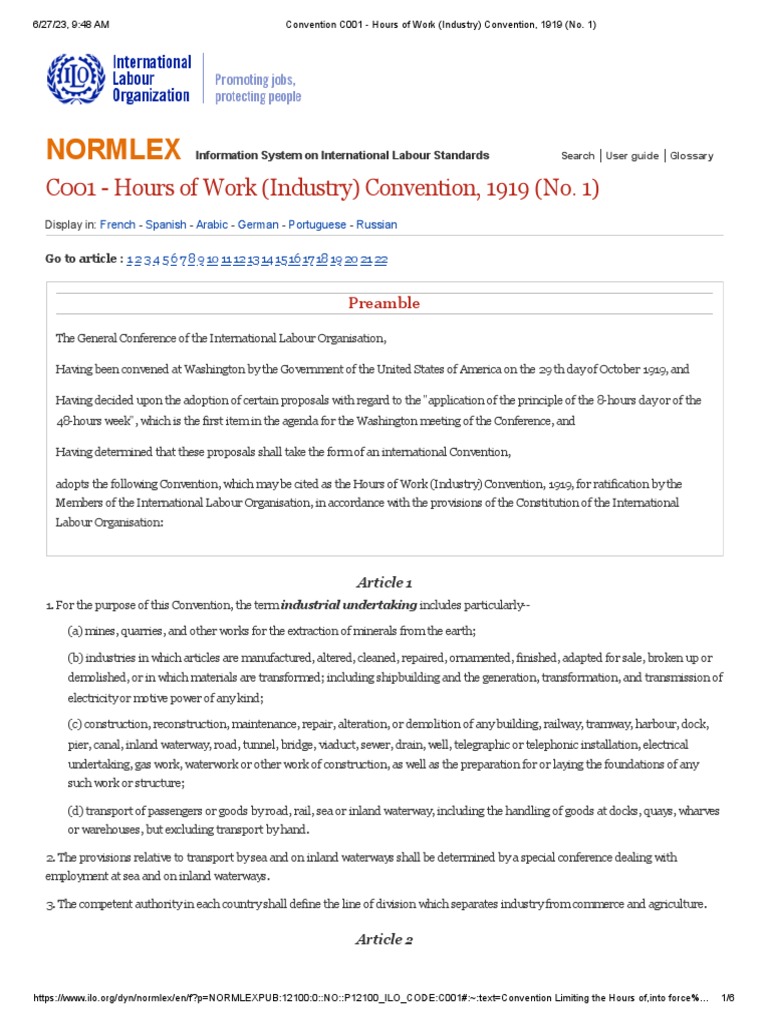 Convention C001 - Hours of Work (Industry) Convention, 1919 (No. 1) | PDF | International Labour ...