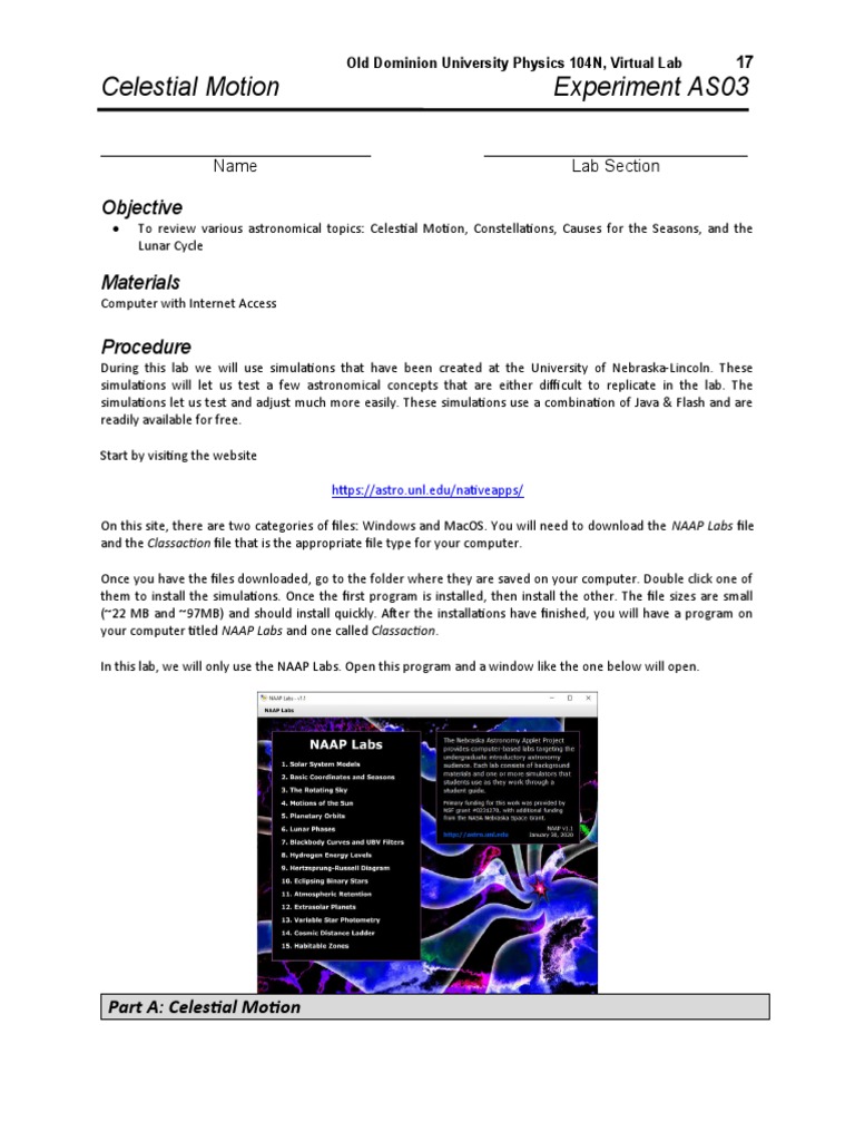 Celestial Motion Virtual Lab Guide | PDF | Teaching Methods & Materials ...