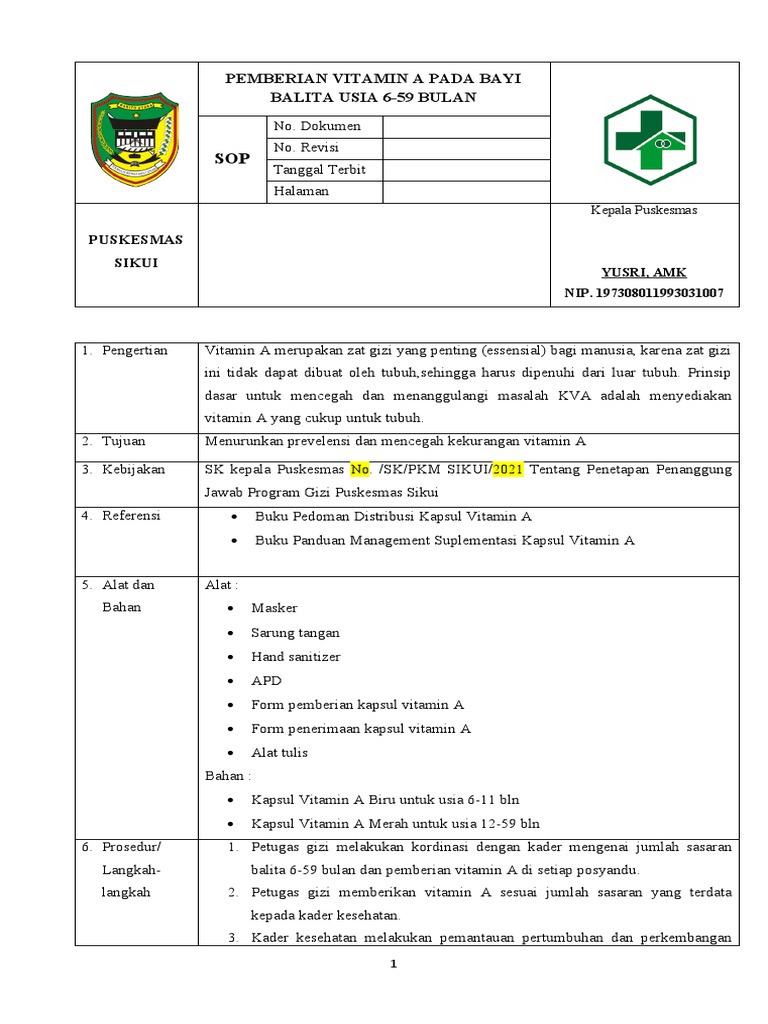 Sop Pemberian Vit a Pada Bayi Balita Depa Contoh | PDF