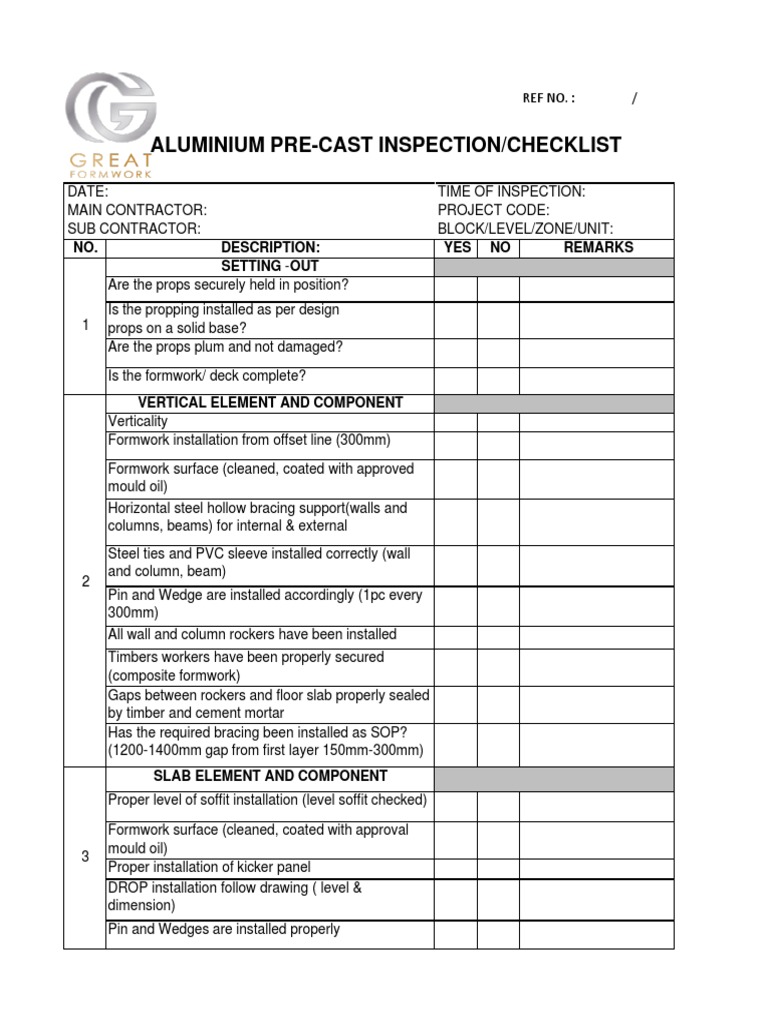 Precast Inspection Form(Gfm) | PDF | Precast Concrete | Wall