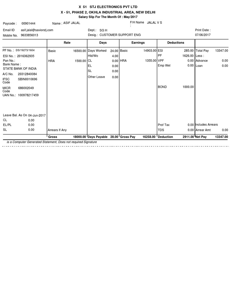 Salary Slip For The Month Of: May/2017: Is A Computer Generated ...