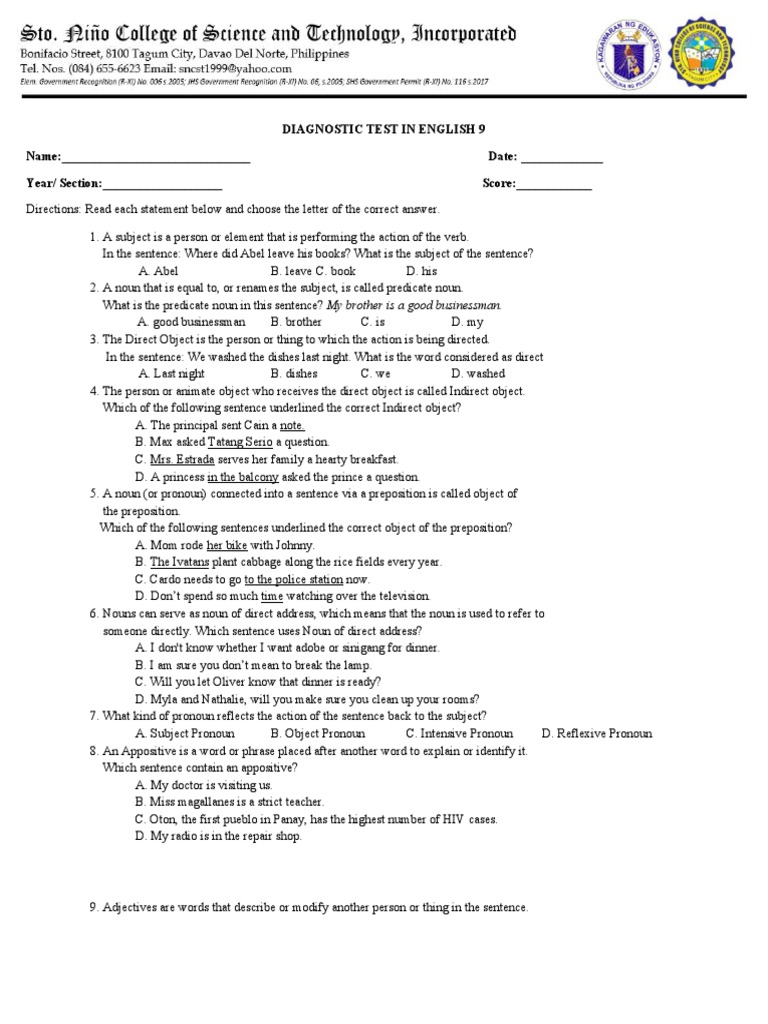 English 9 Diagnostic Test Questions | PDF | Adjective | Adverb