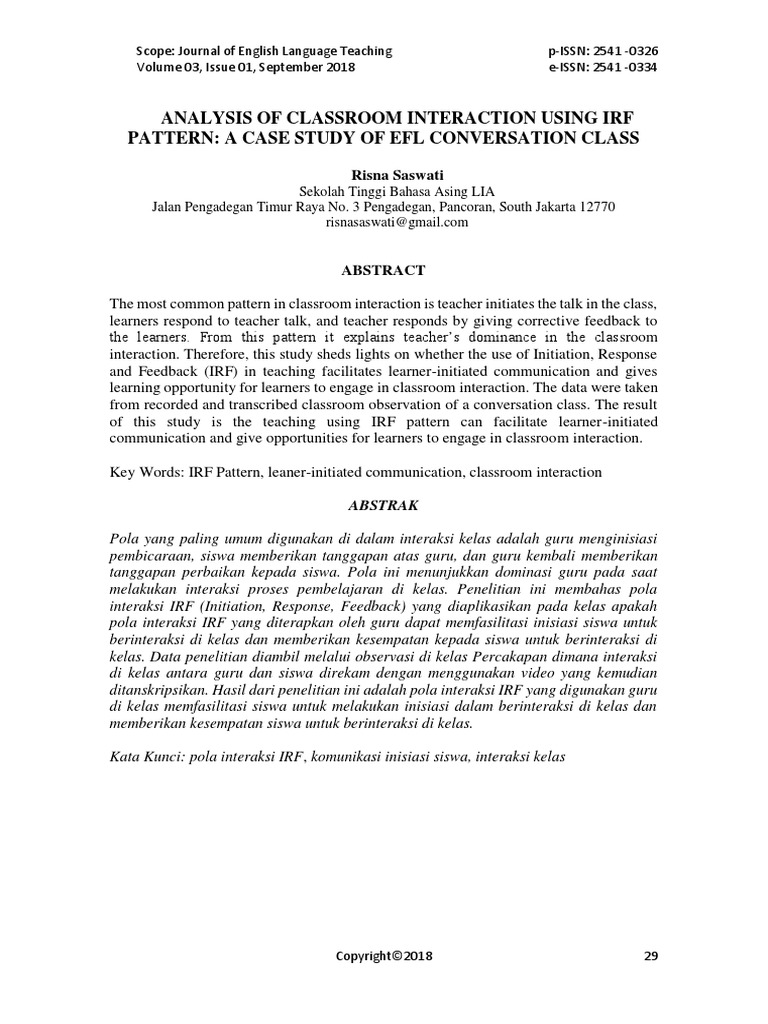 Analysis Of Classroom Interaction Using Irf Patter Pdf