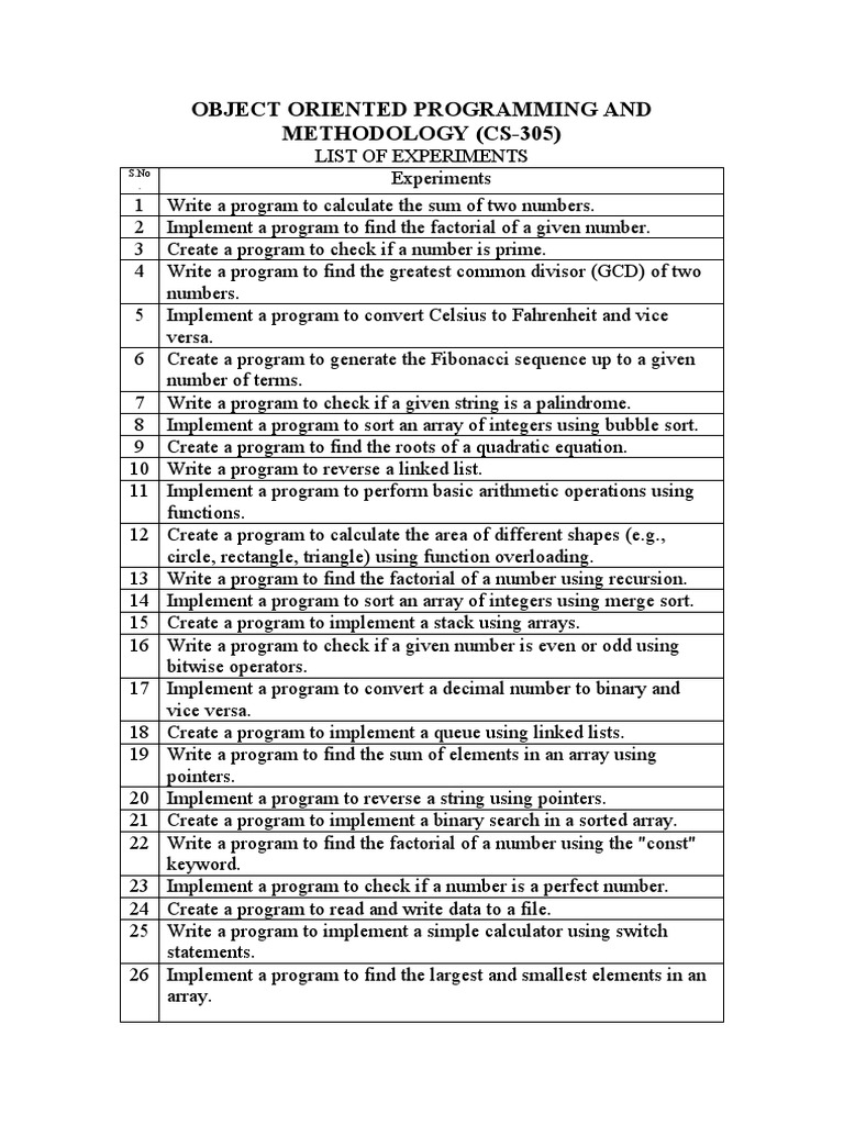 Oopm-List of Experiments | PDF | Numbers | Queue (Abstract Data Type)