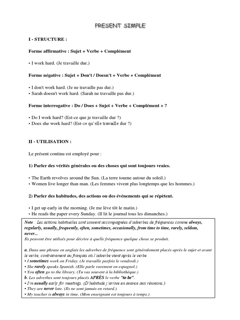 Présent simple en anglais : Guide complet | PDF | Verbe | Adverbe
