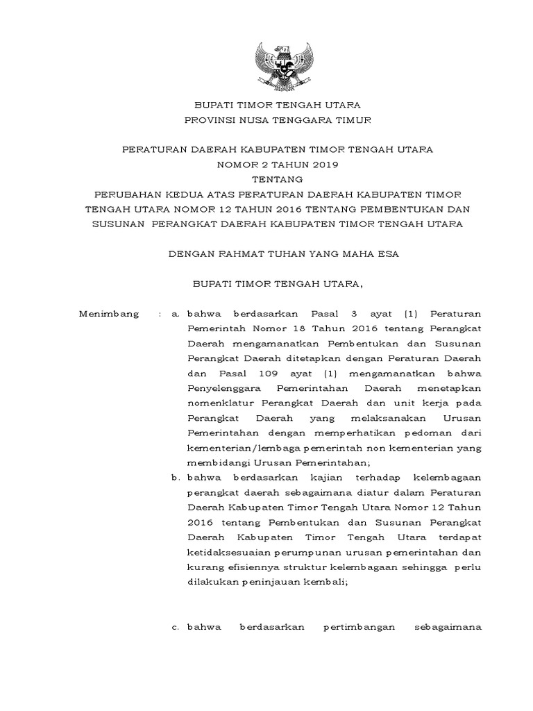 Perda No.2 Tahun 2019 Tentang Perubahan Kedua Perda No.12 Tahun 2016 TTG Pembentukan Dan Susunan ...